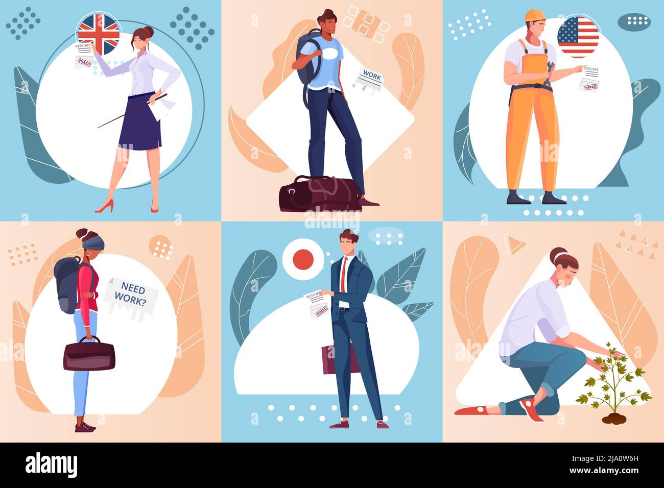 Flat composition set with male and female migrants standing with ...