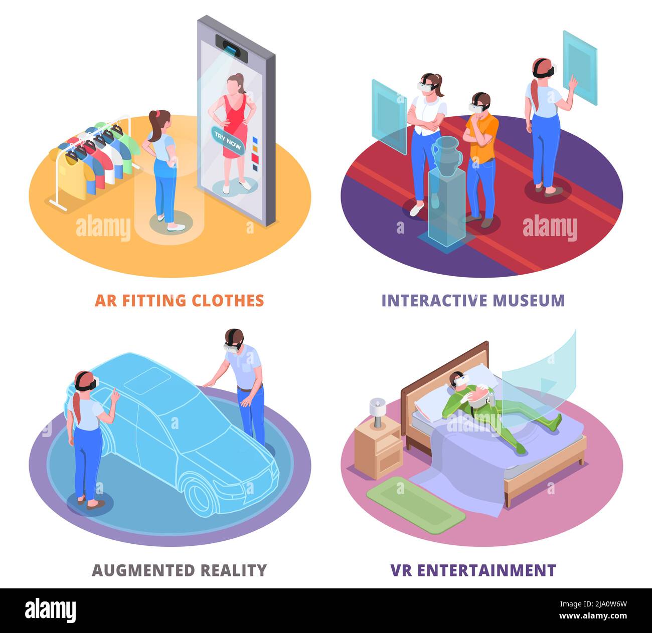 Virtual augmented reality 4 round isometric compositions with ar ... Virtual augmented reality 4 round isometric compositions with ar ...