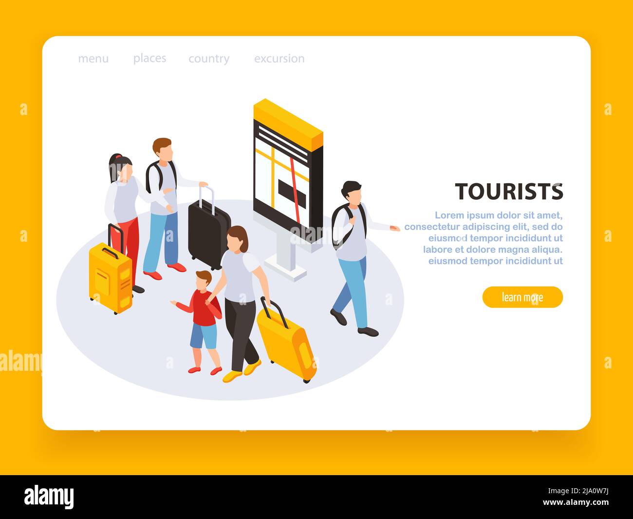 Traveling people page design with tourism symbols isometric vector ...