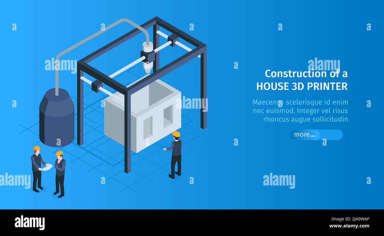 Isometric 3d printing horizontal banner with slider button text and building cage with 3d ...
