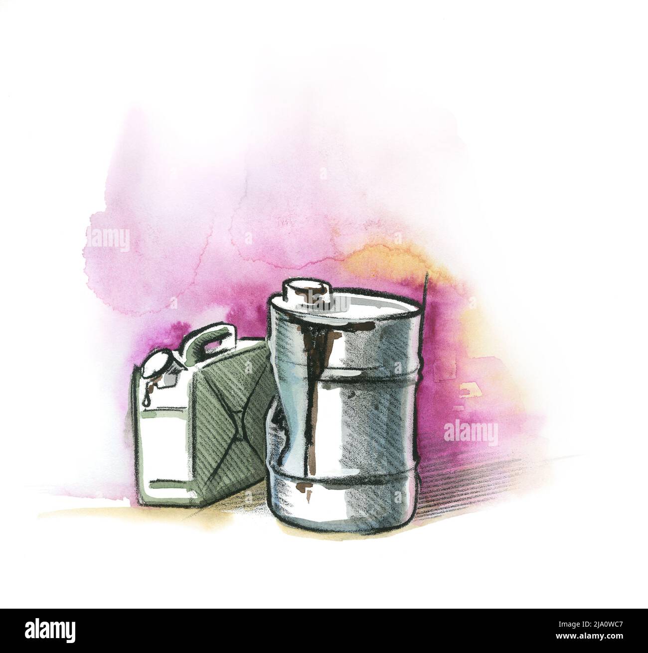 Watercolor and crayon illustration of a waste oil canister and barrel ...