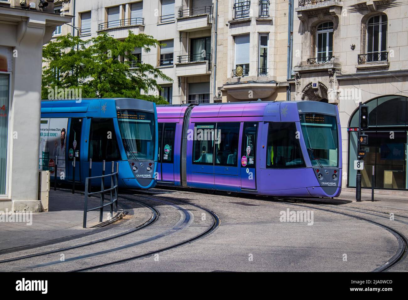 Reims, France - May 25, 2022 Modern electric tram for passengers ...