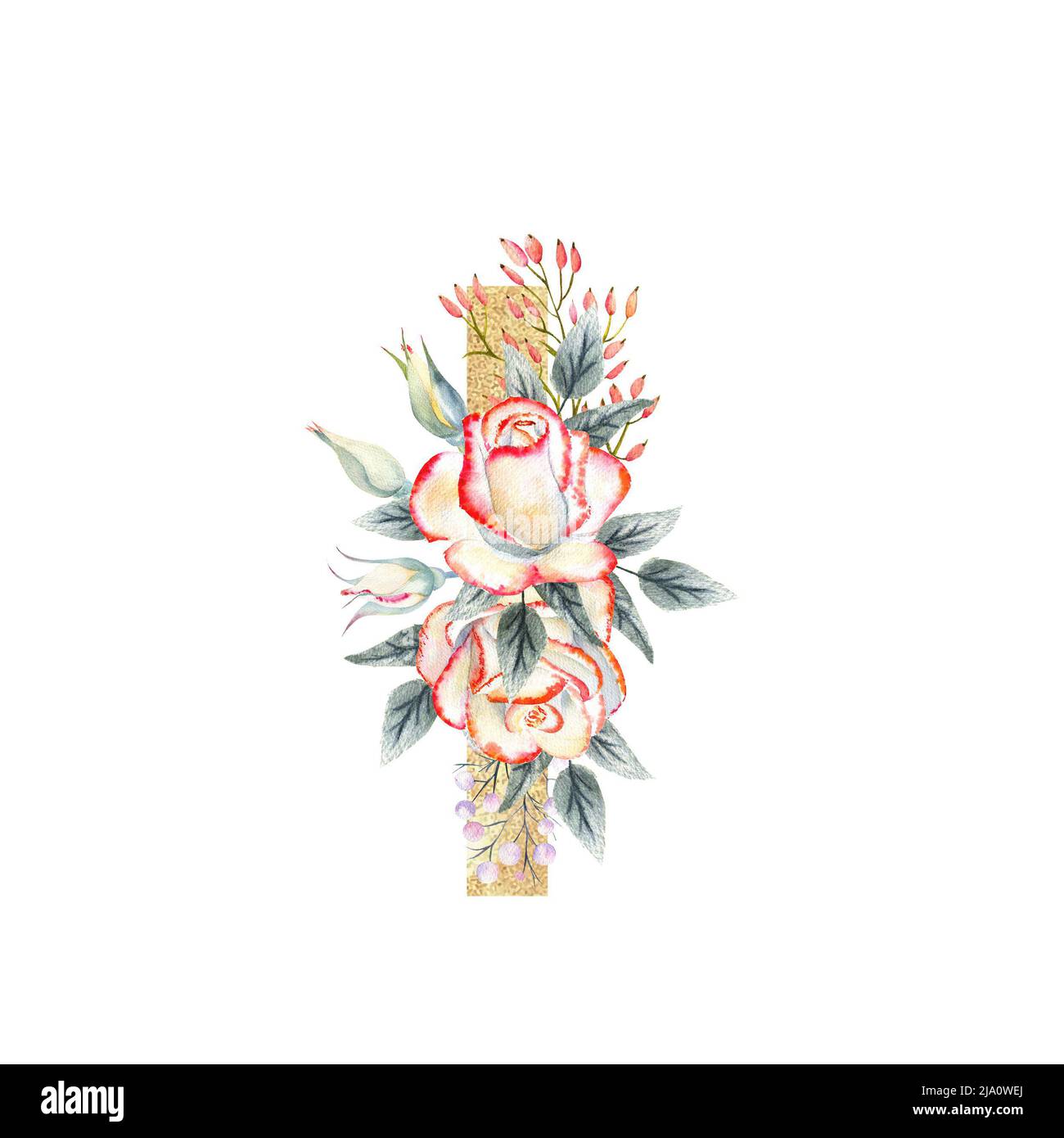 Golden letter I of the English alphabet with a bouquet of pink roses on ...