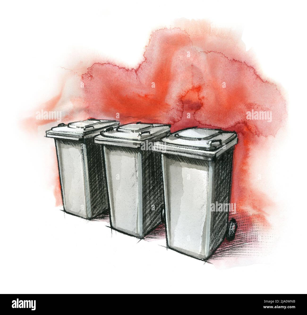Watercolor and crayon illustration showing some grey garbage cans in ...