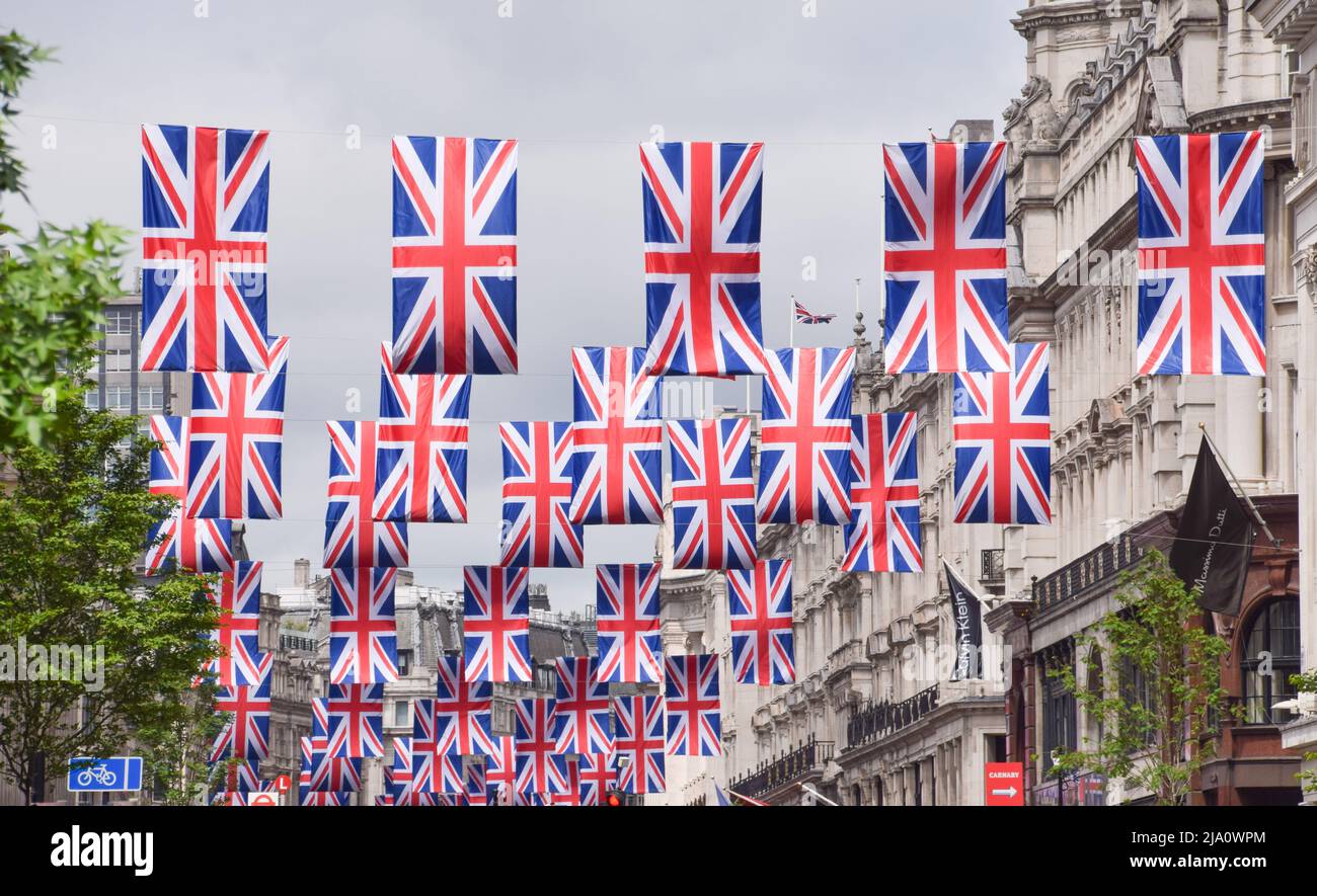 London, UK. 26th May 2022. Union Jack flags decorate Regent Street for ...