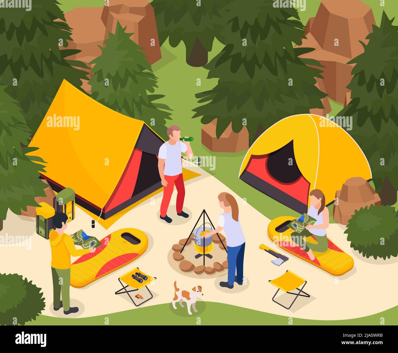 Camping hiking touristic isometric composition with forest scenery and ...