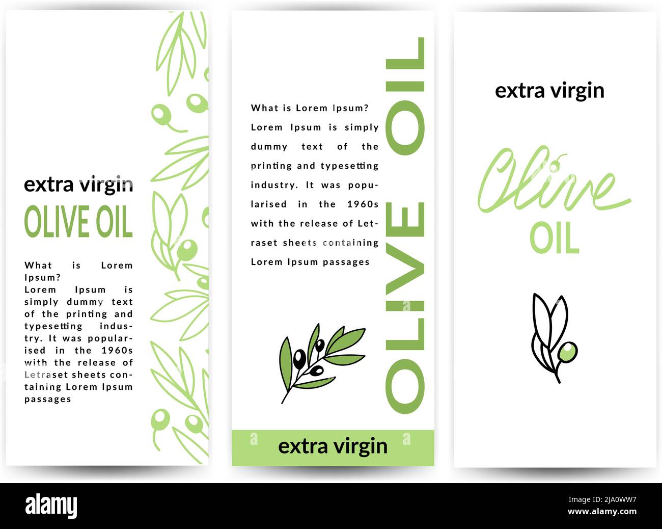 A set of labels for olive oil. Hand-drawn olive sprigs in doodle style ...