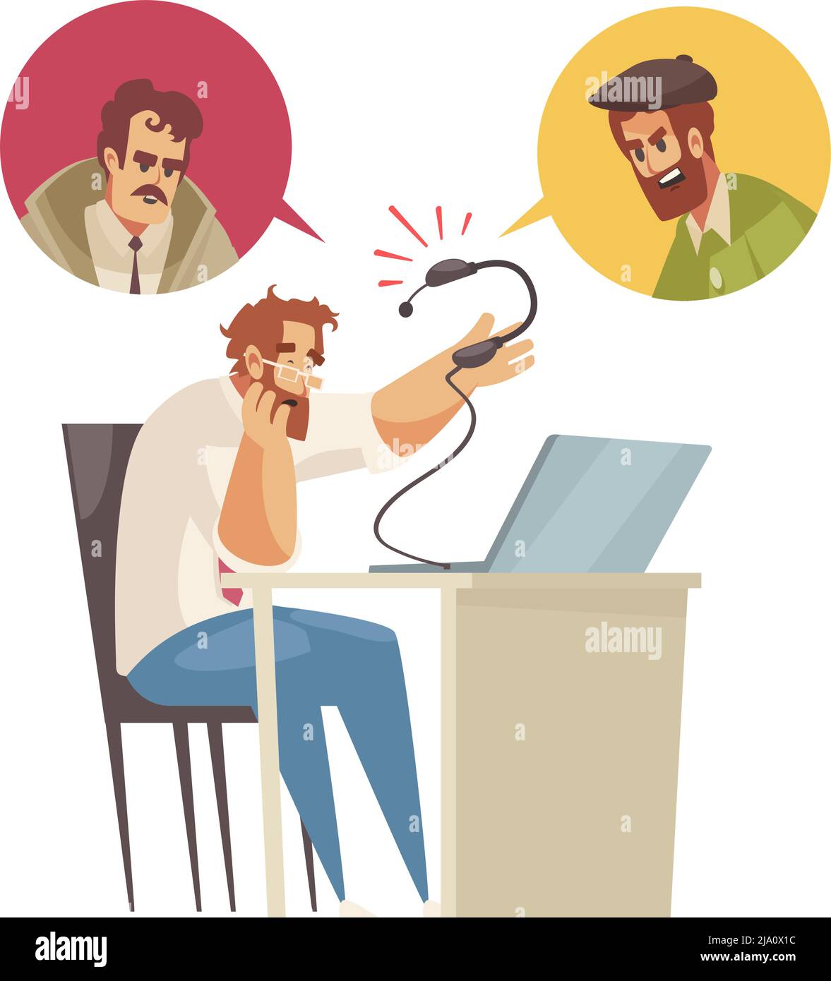 Support call center composition with tech support agent annoyed by rude ...