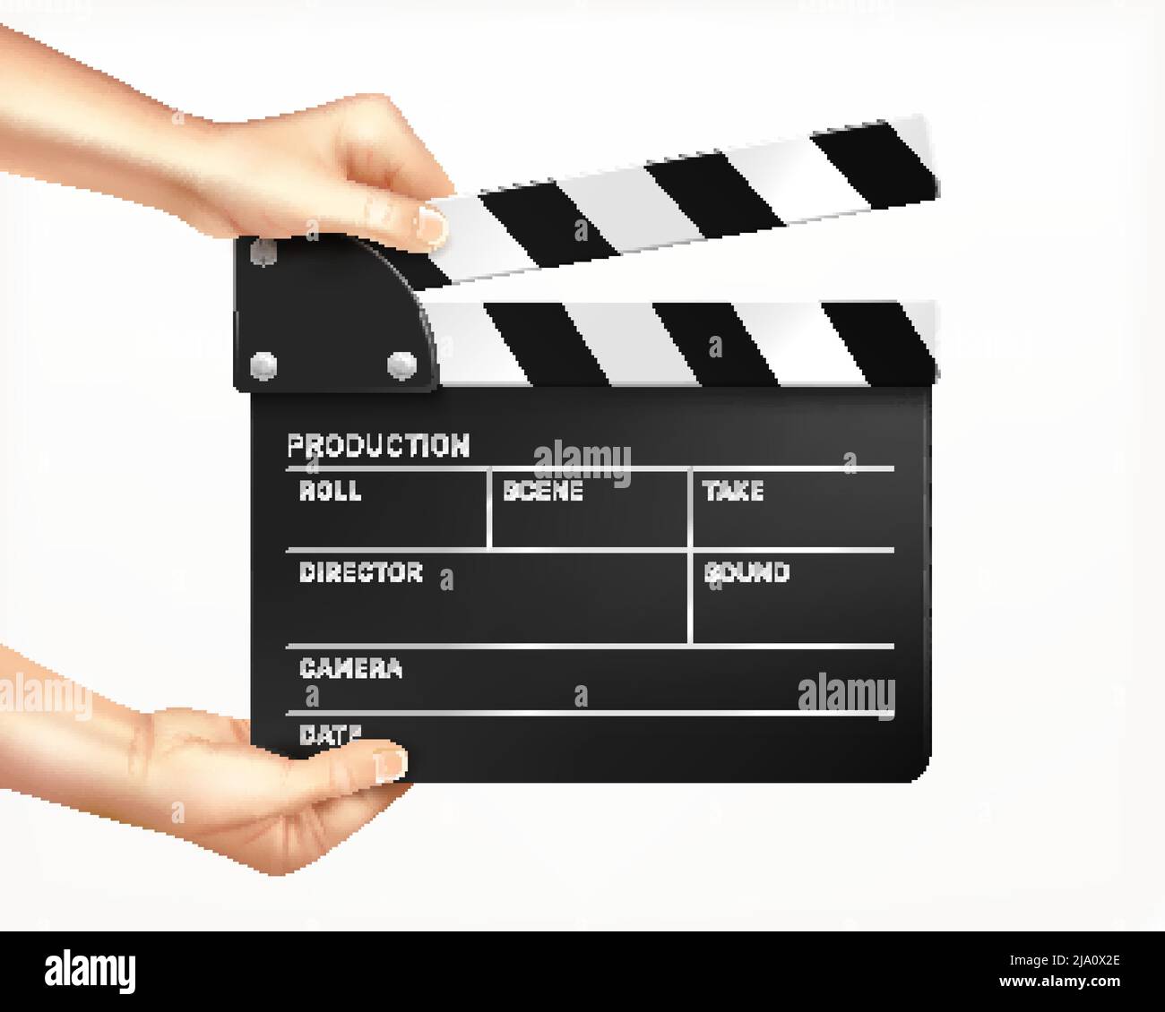 Clapper board in hands realistic composition with images of human hands ...