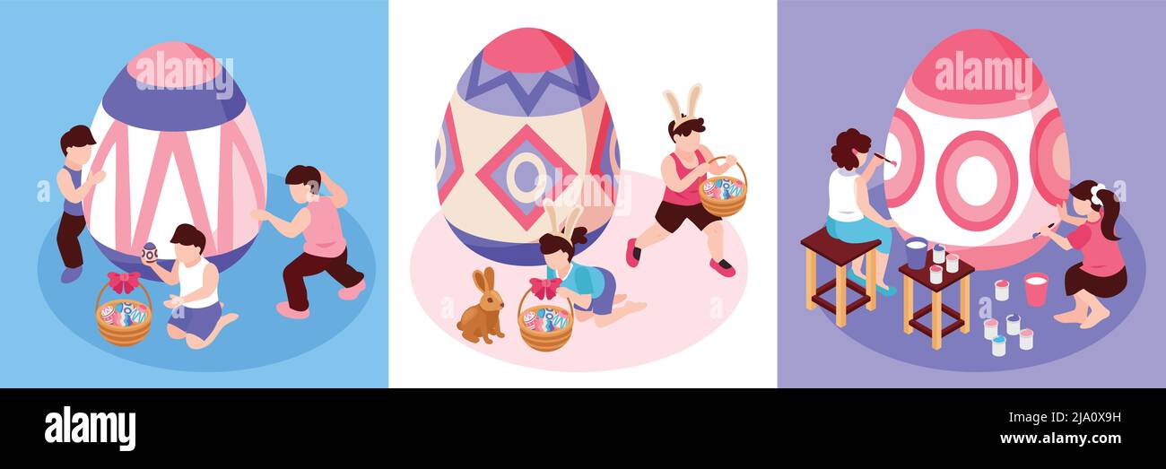Easter isometric design concept set of three square compositions with ...