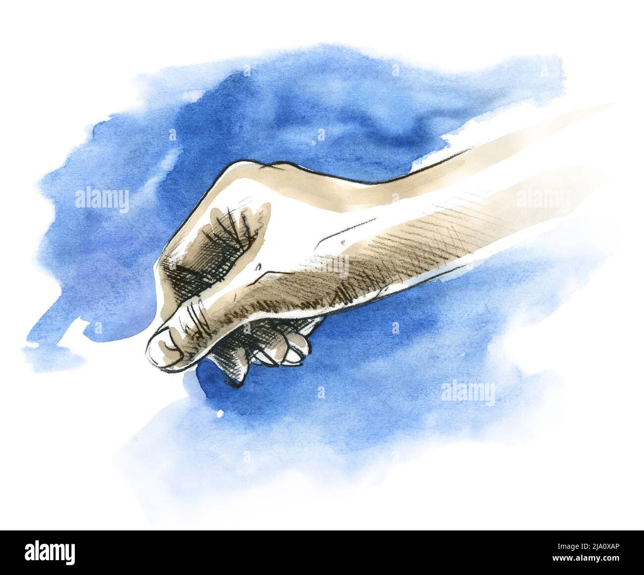 Watercolor and crayon illustrationof a human hand in blue back Stock ...