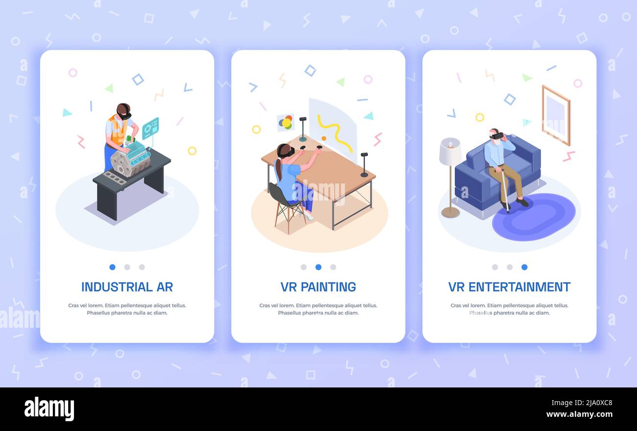 Virtual augmented reality 3 isometric vertical banners with ar industrial experience vr painting ...
