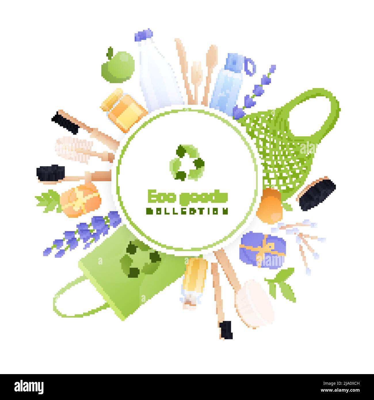 Eco goods frame flat round composition with recycle pictogram and ...