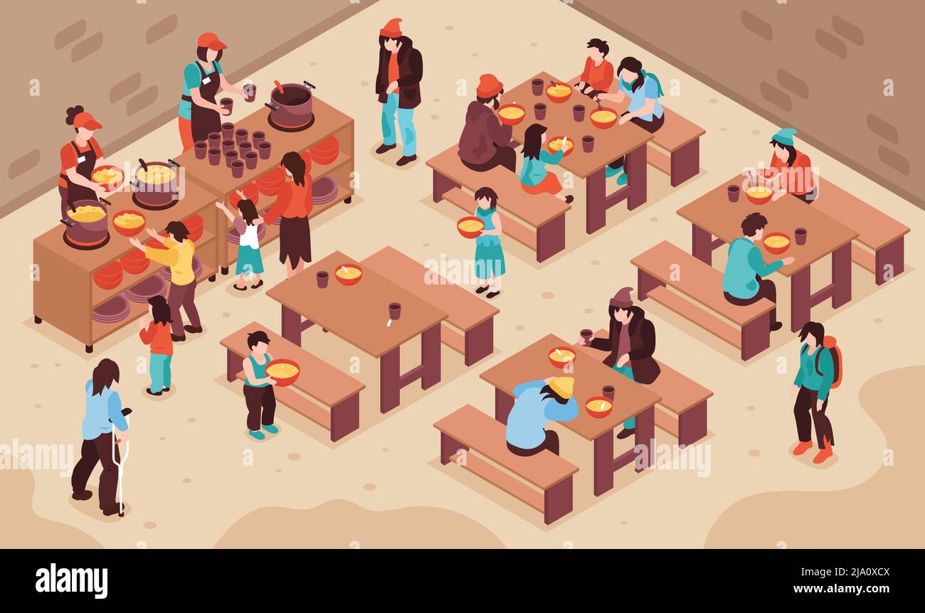 Charity isometric background with volunteers feeding needy poor ...