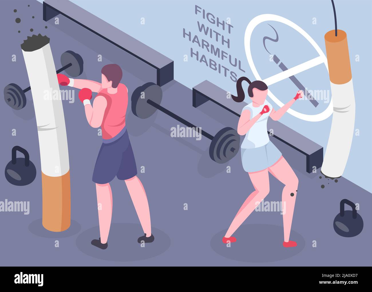 Isometric background with man and woman struggling with smoking ...