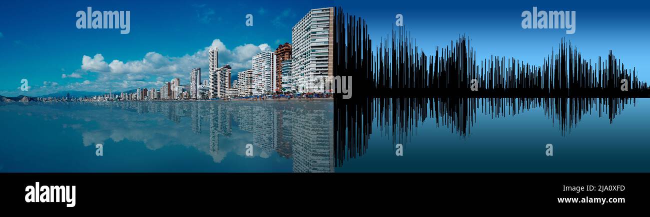 Transforming sea city with skyscrapers into sound waves patterns. Sound ...