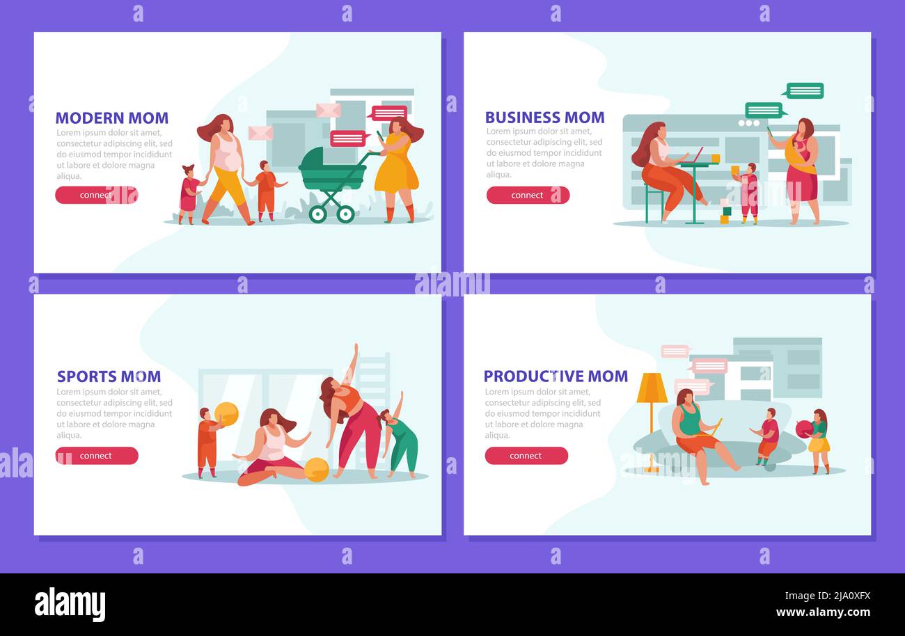 Set of four flat motherhood banners with modern productive moms and ...