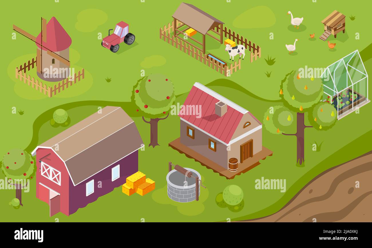 Countryside background with windmill house granary and greenhouse ...