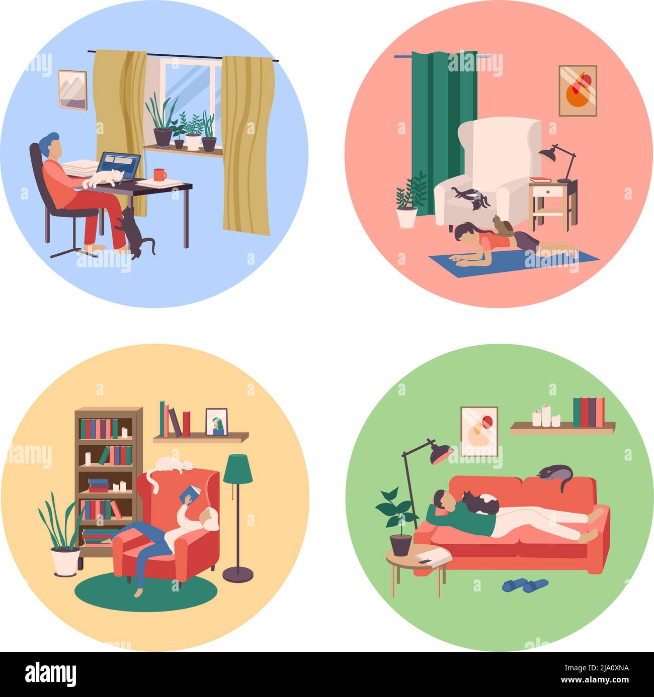 People with cats concept icons set flat isolated vector illustration hi ...