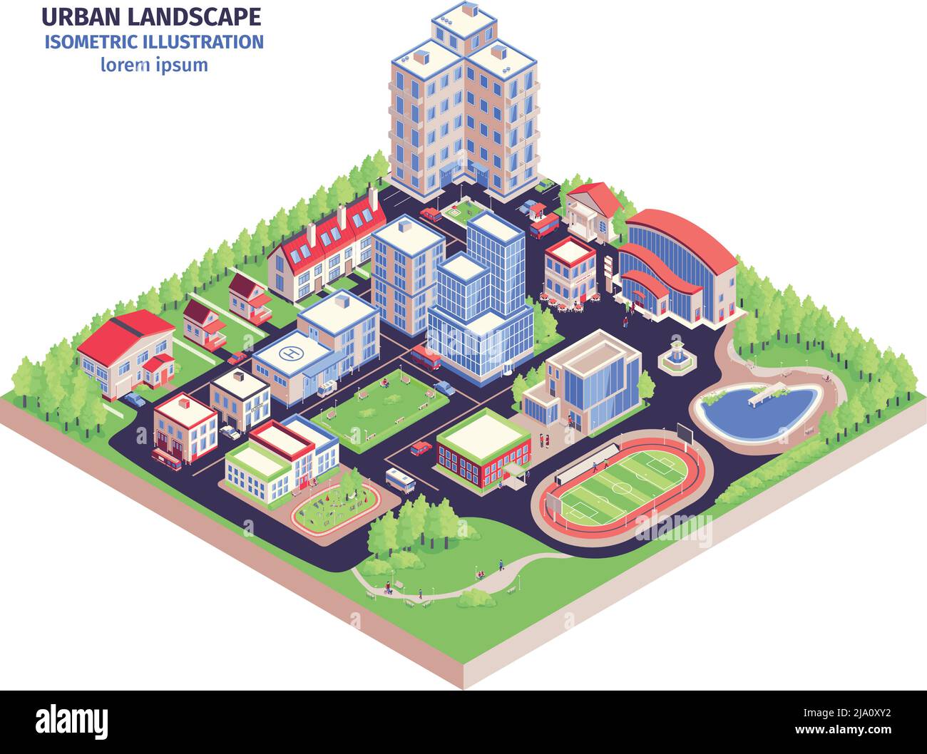 Isometric urban composition with modern city district landscape with ...