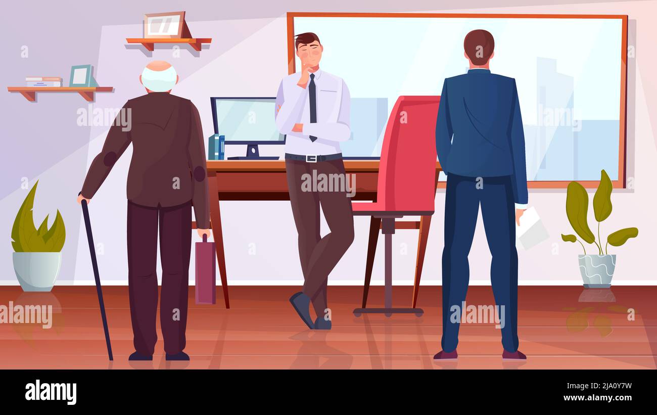 Age discrimination flat background with elderly and young man in office ...