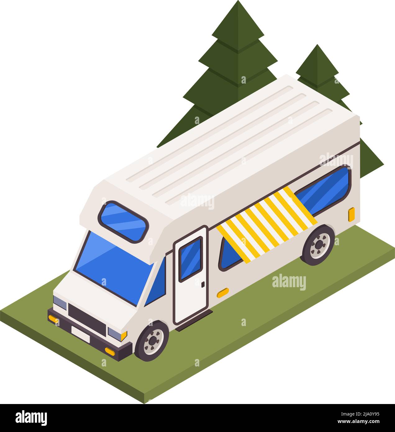 White van for camping trip in forest 3d isometric vector illustration ...