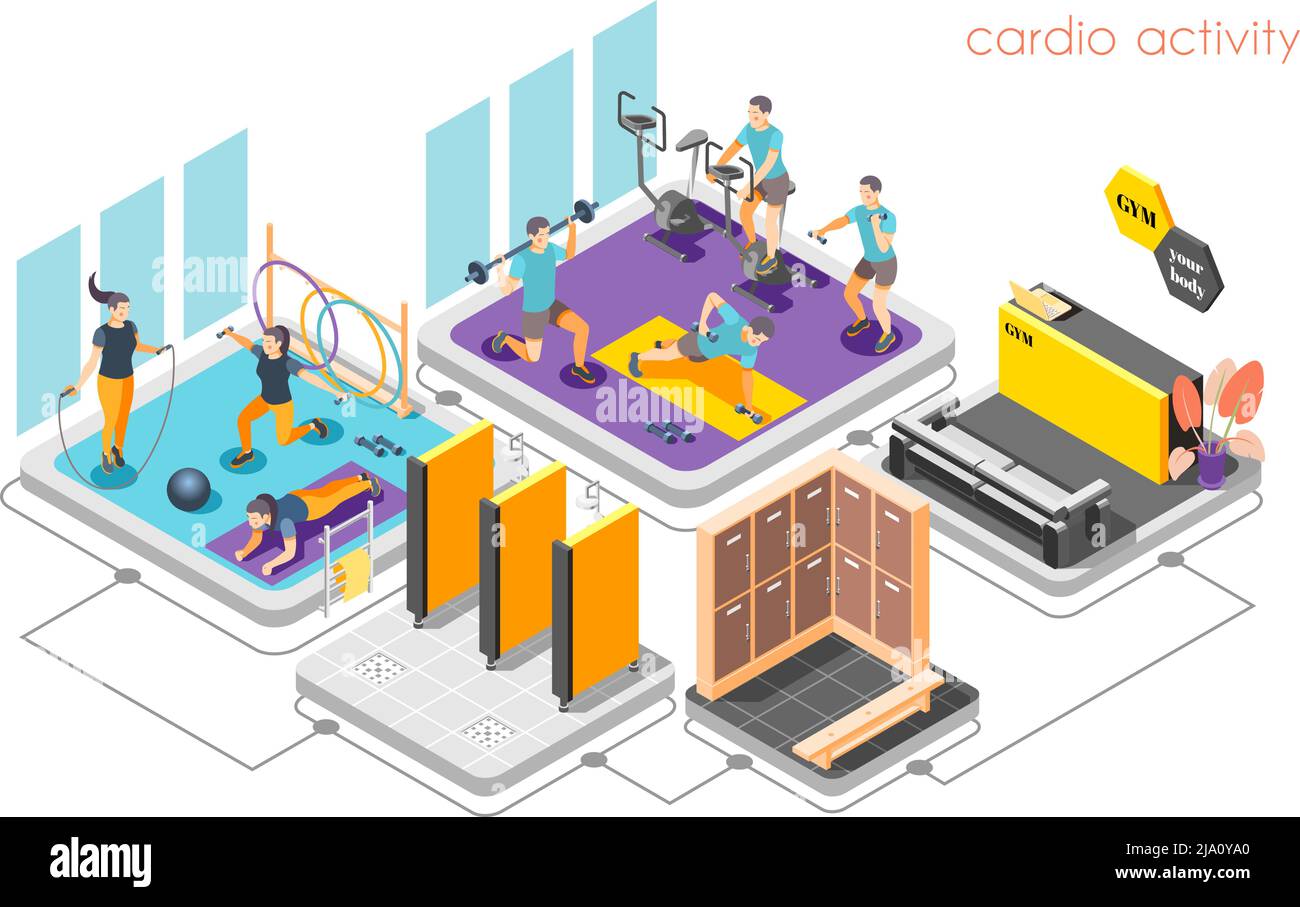 Fitness center concept isometric composition with reception desk cardio ...