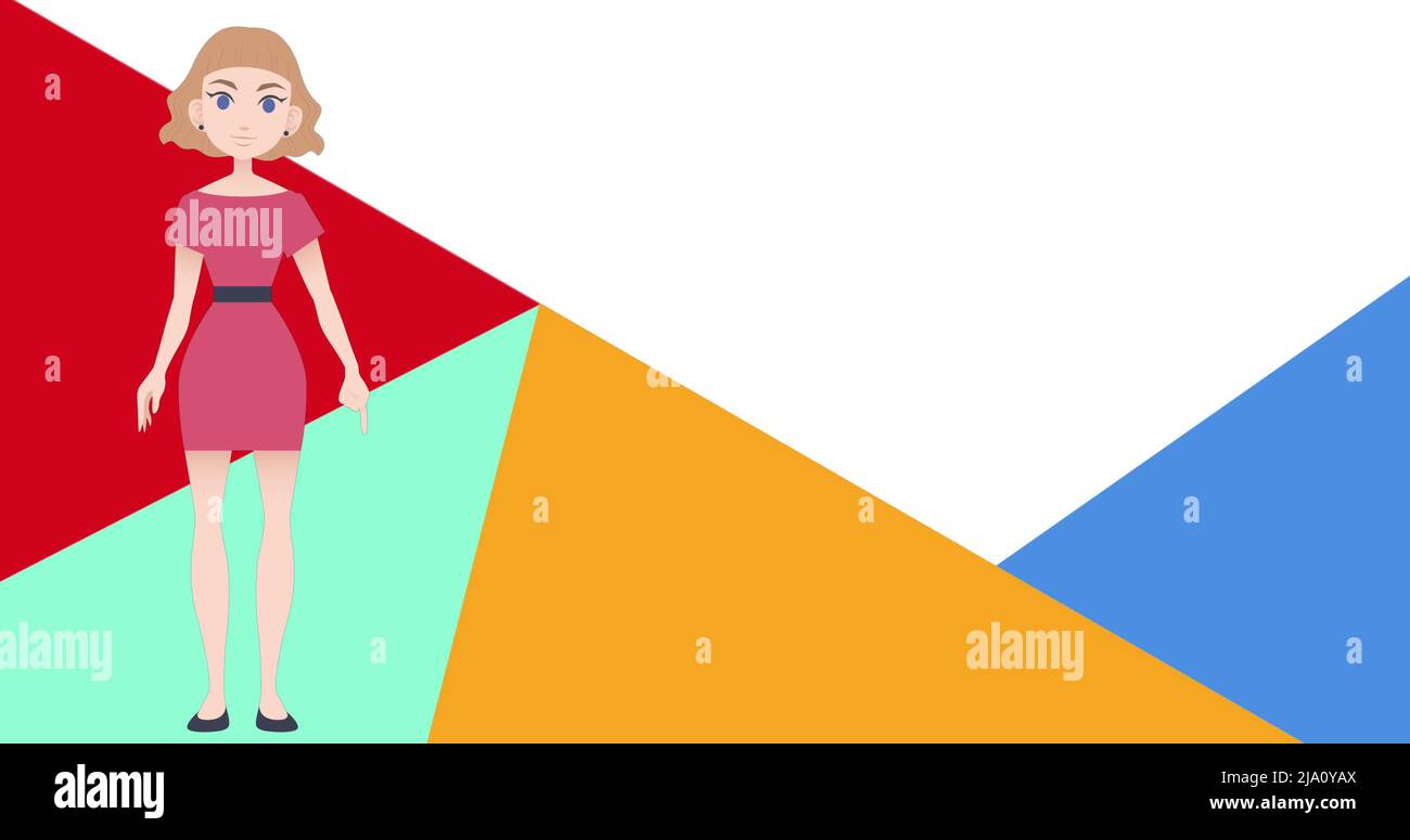 Image of woman talking over colourful shapes Stock Photo - Alamy