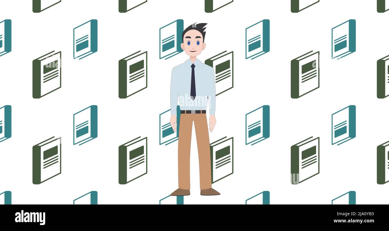 Image of man talking over book icons Stock Photo - Alamy