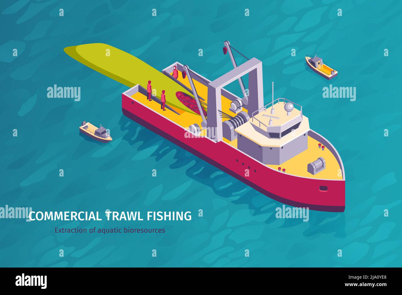 Isometric commercial fishing horizontal banner with open sea background ...