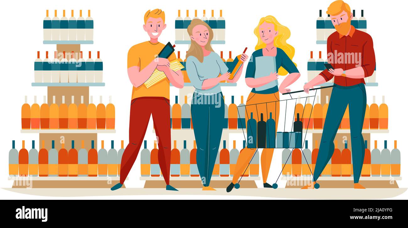 Supermarket composition with group of friends buying alcoholic drinks ...