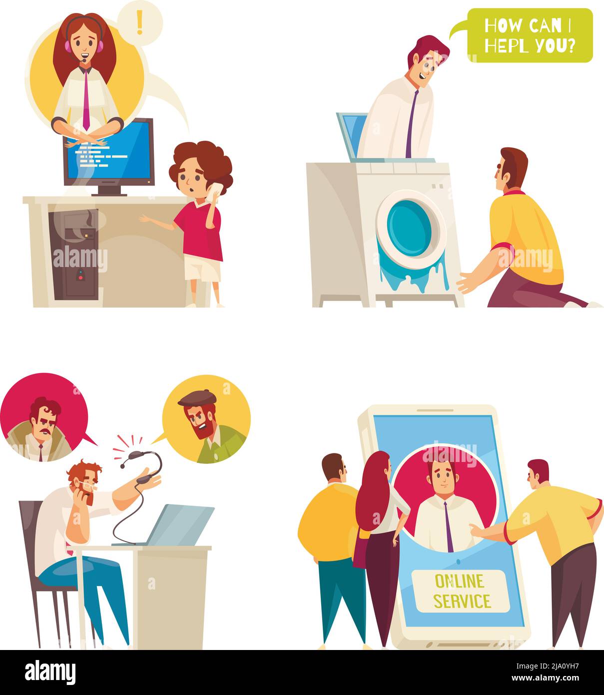 Customer support call center online service concept 4 flat compositions ...