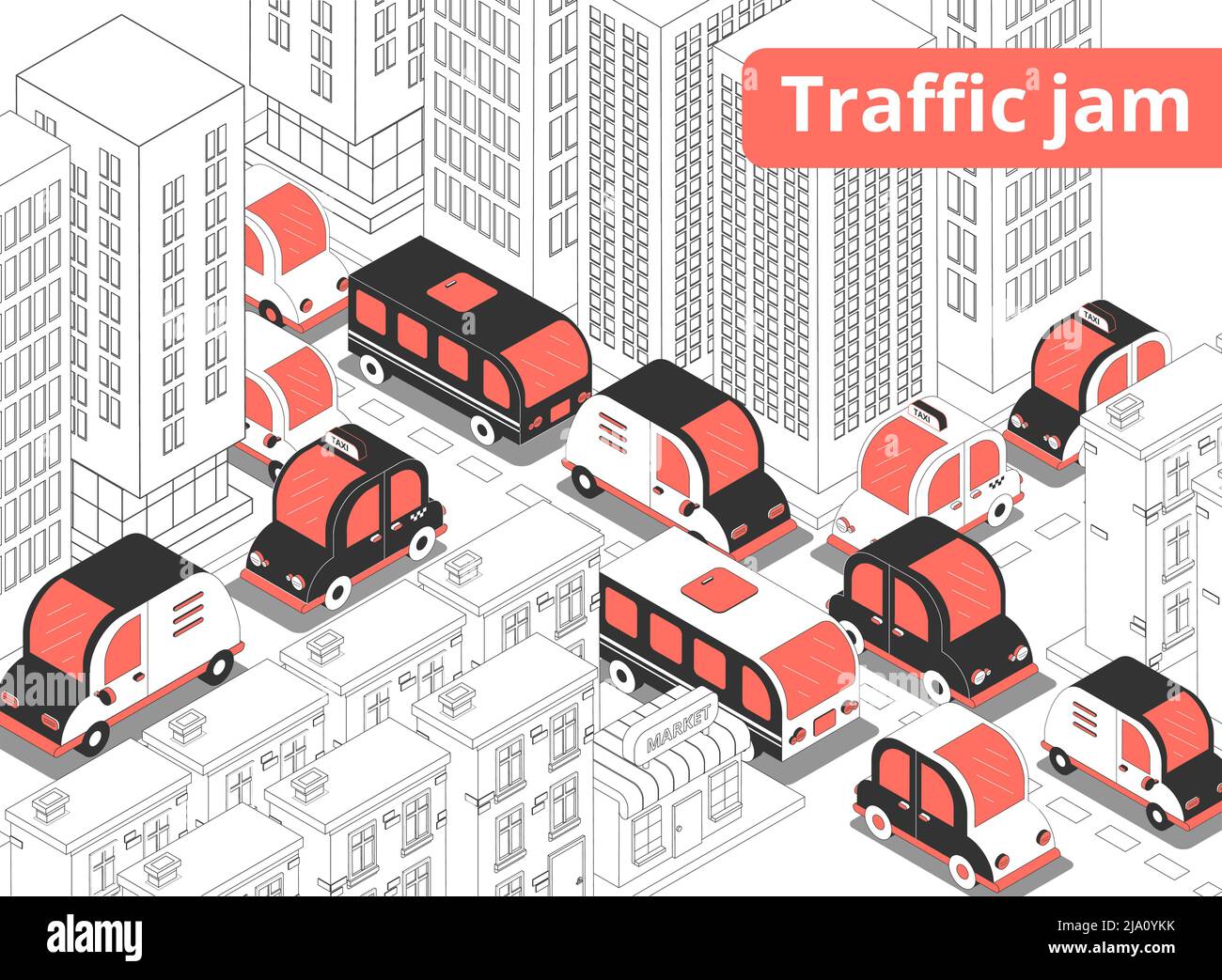 Traffic jam isometric composition with text and view of city block ...