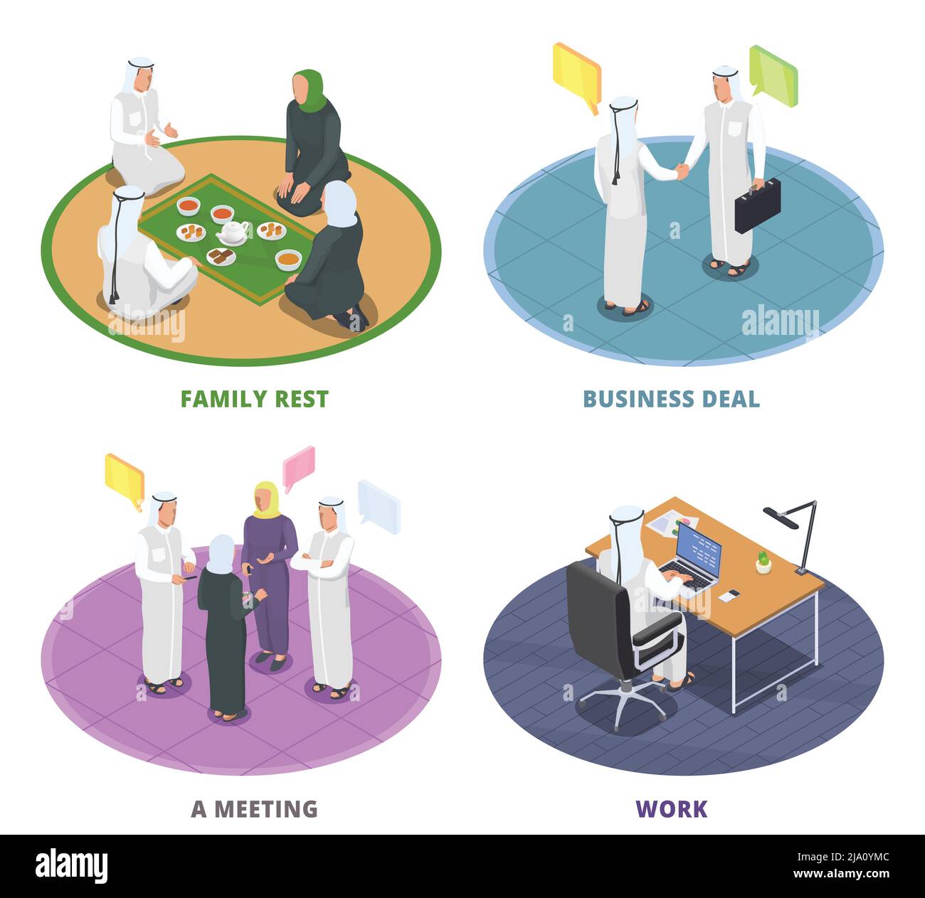 Isometric 2x2 design concept with arab people resting with family and ...