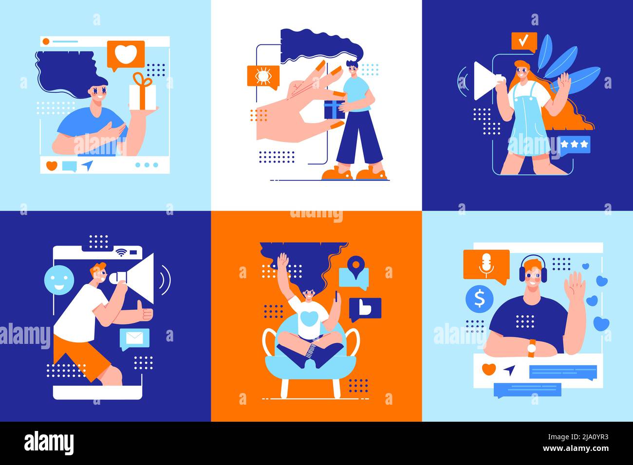 Influencer marketing six square icons with bloggers representing goods ...