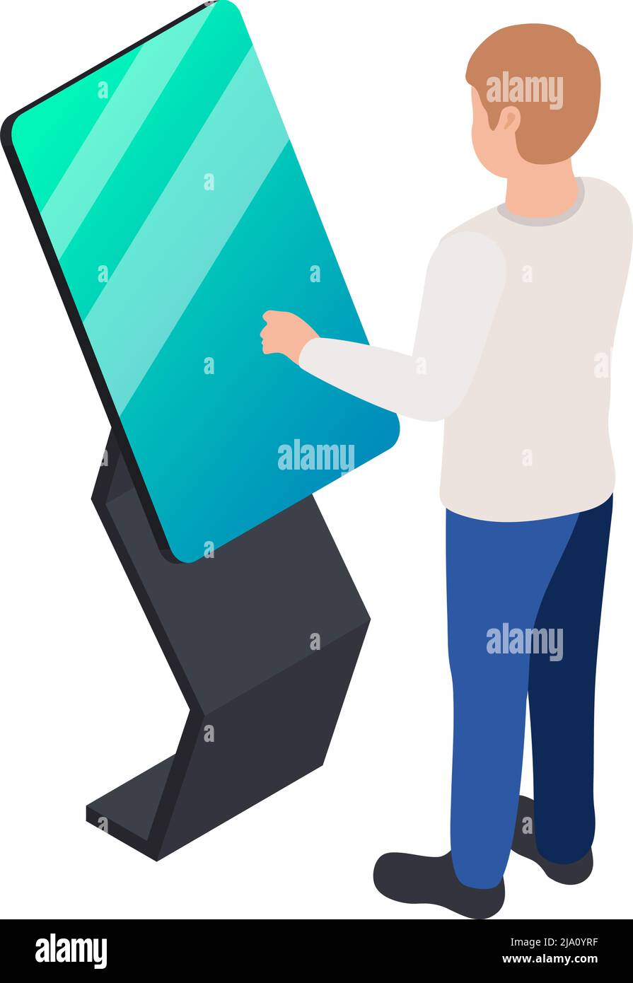 Modern technology exhibition icon with male visitor using interactive ...