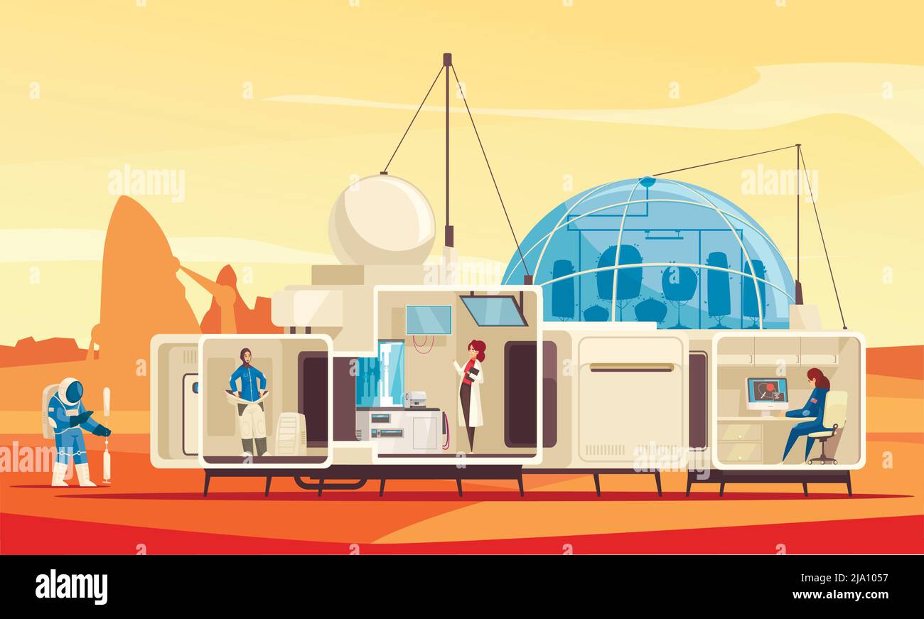 Planets colonization mission flat composition with human habitat ...