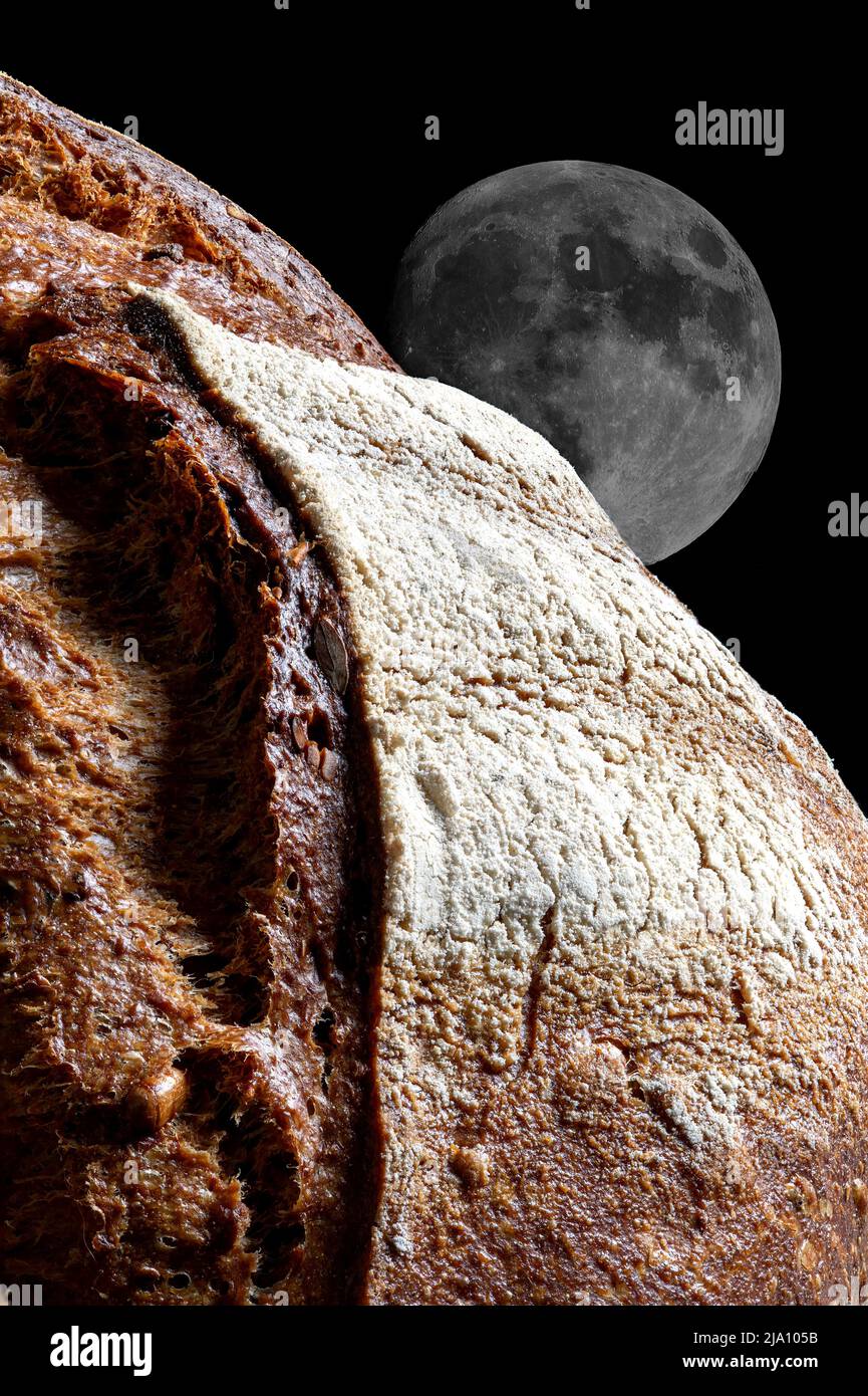 Close up shot of a loaf of bread in the moonlight with a black ...