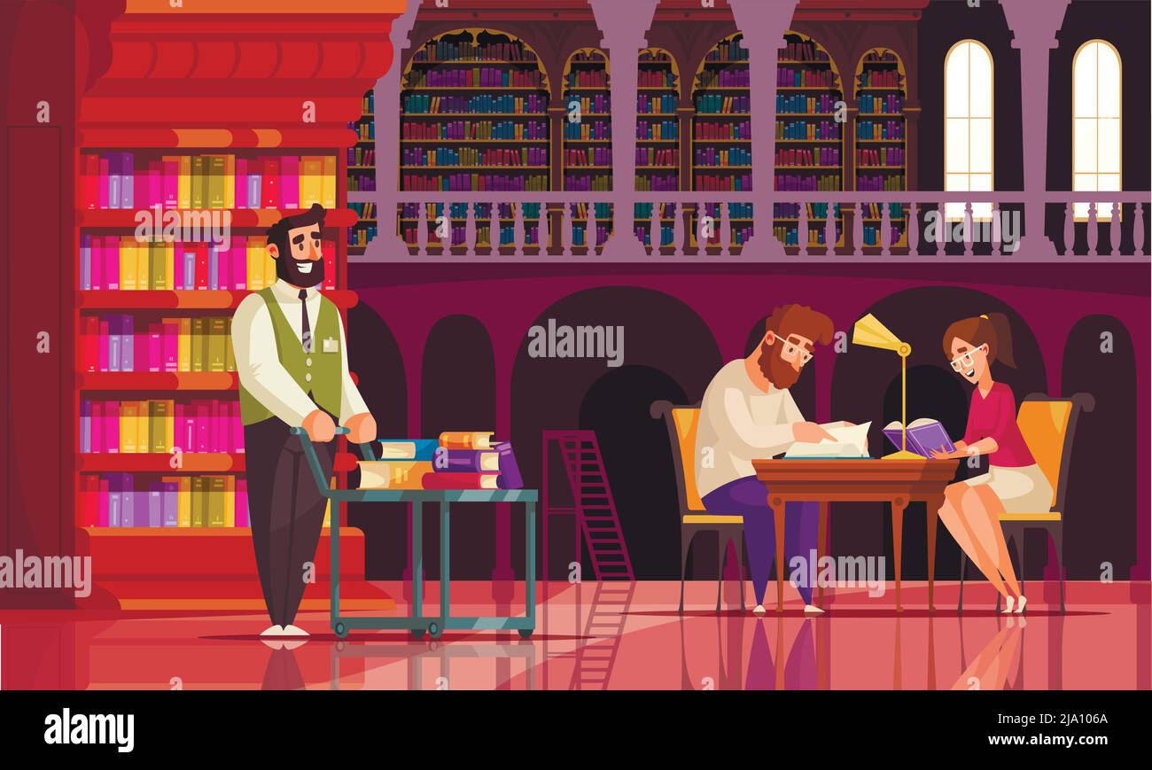 Old library book composition with view of gallery with bookcases ...