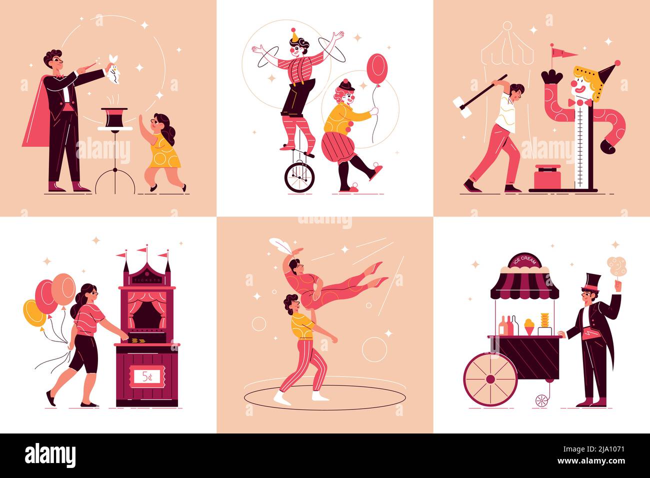 Circus funfair design concept with set of square compositions with ...