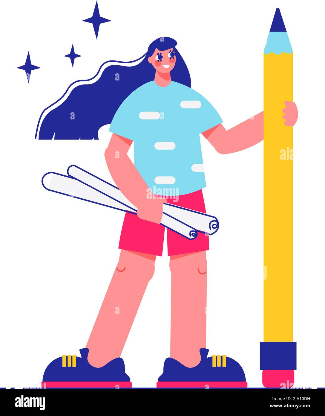 Brainstorm team work composition with character of girl holding rolled ...