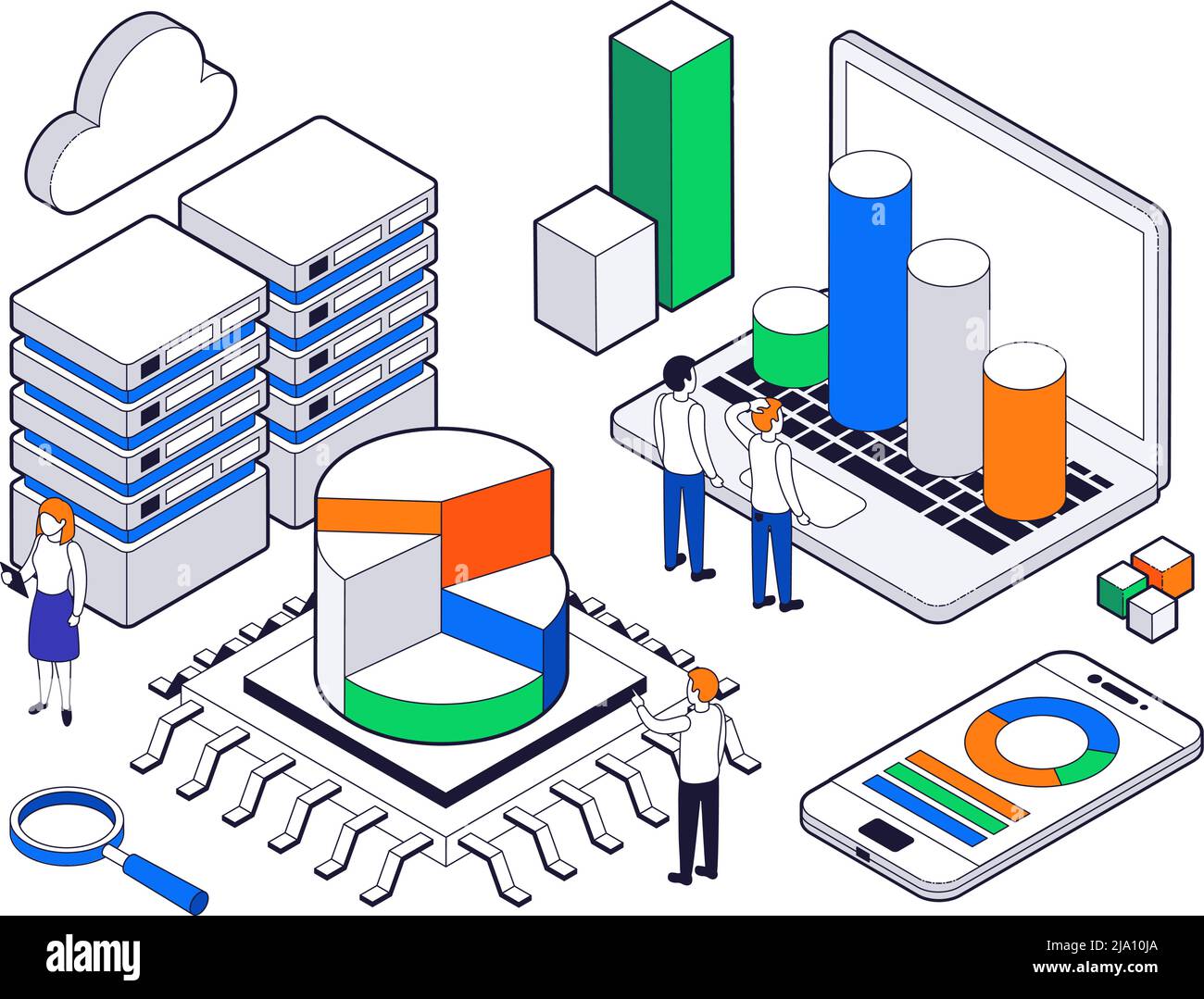 Big data science analysis isometric concept professionals check the ...