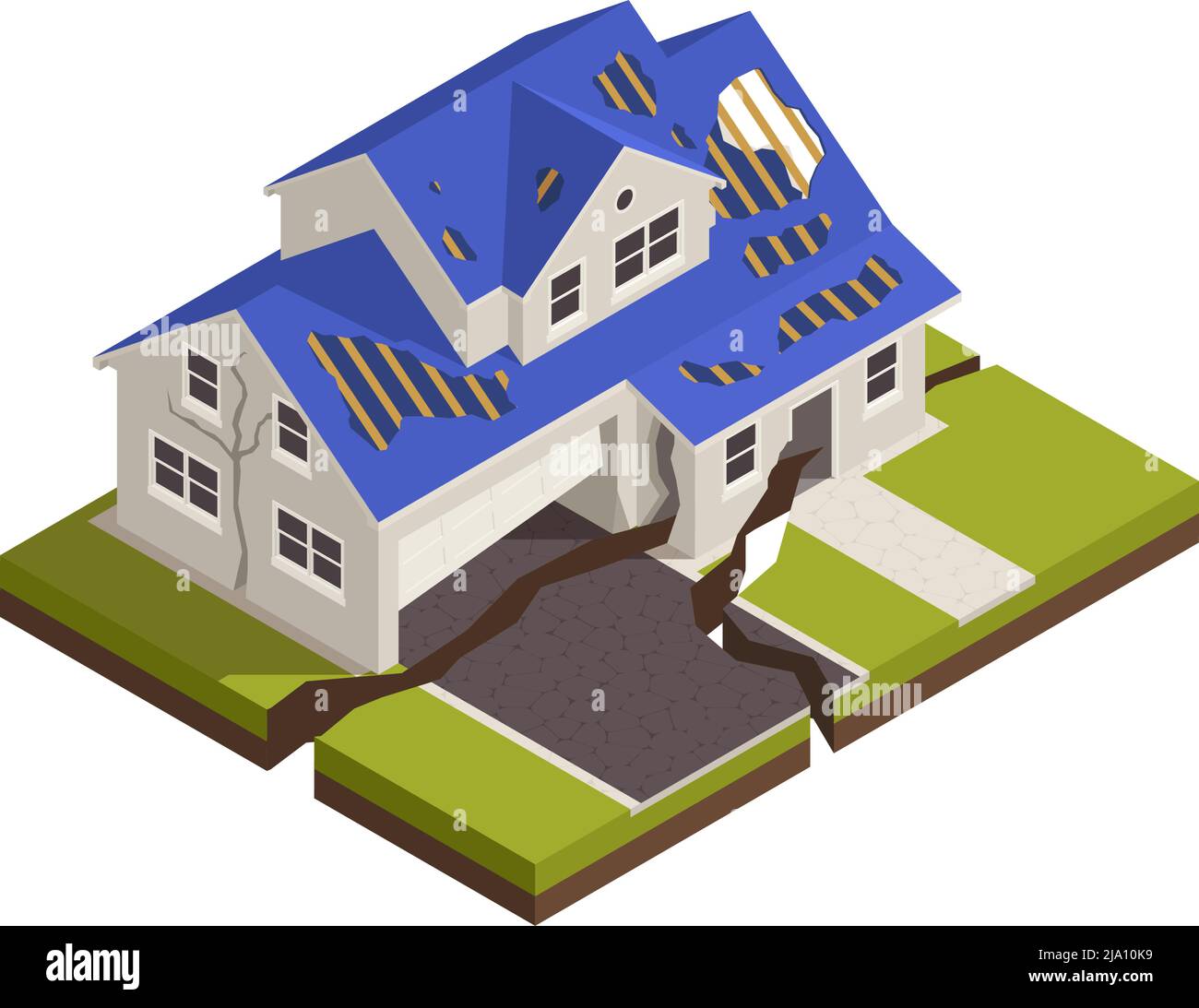 Natural disaster isometric composition with view of house cracked by ...