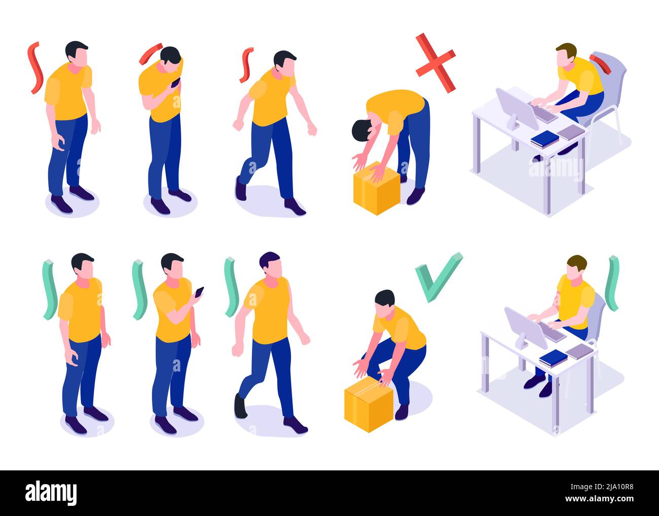 Man postures isometric set with wrong and good standing walking lifting ...