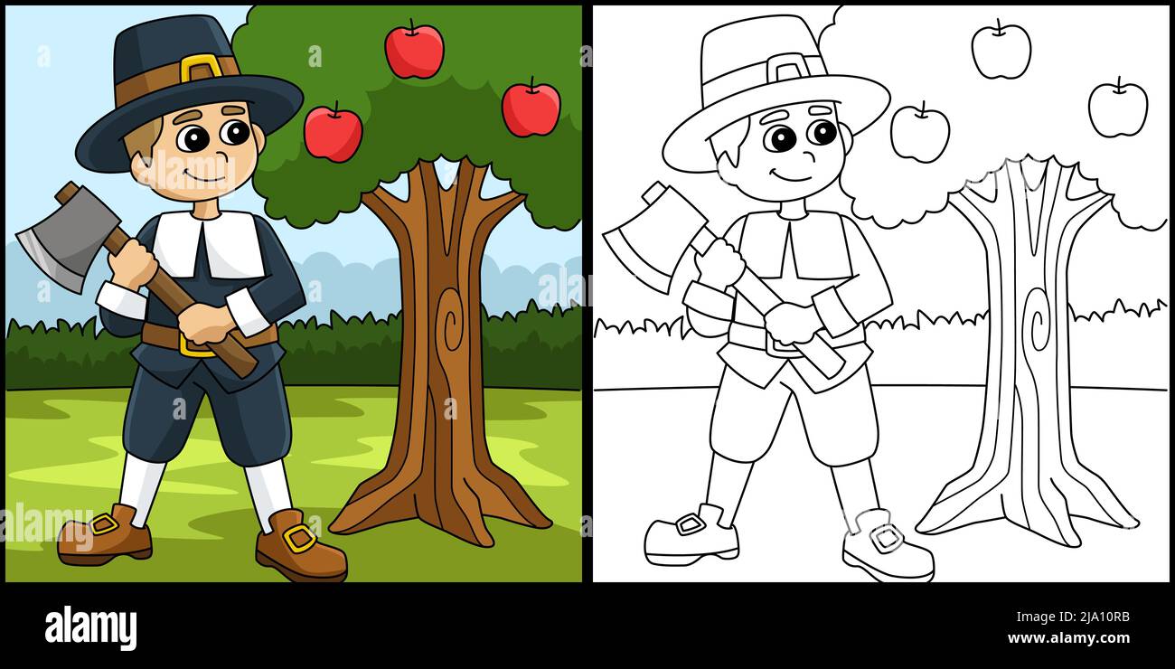 Thanksgiving Pilgrim Boy Holding Axe Illustration Stock Vector Image ...