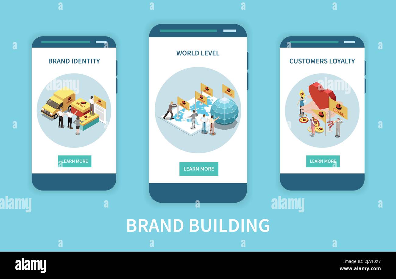 Three isometric banners set with brand building concepts isolated on ...