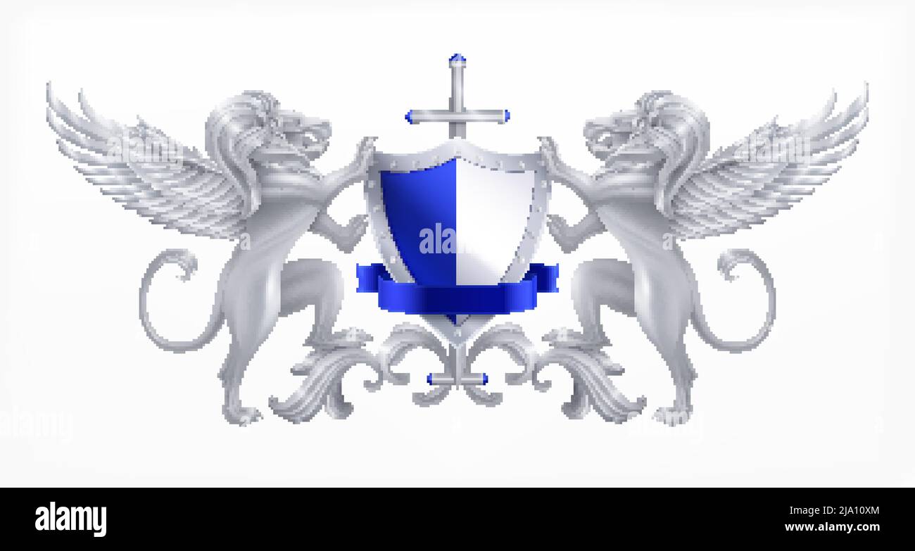 Heraldic shield silver concept with animals and sword realistic vector ...