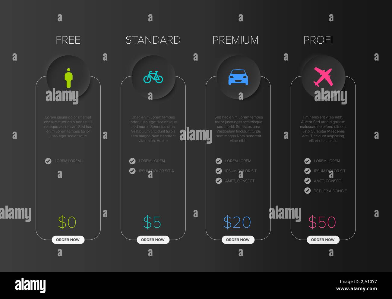 Pricing table dark template with four options product subscription ...