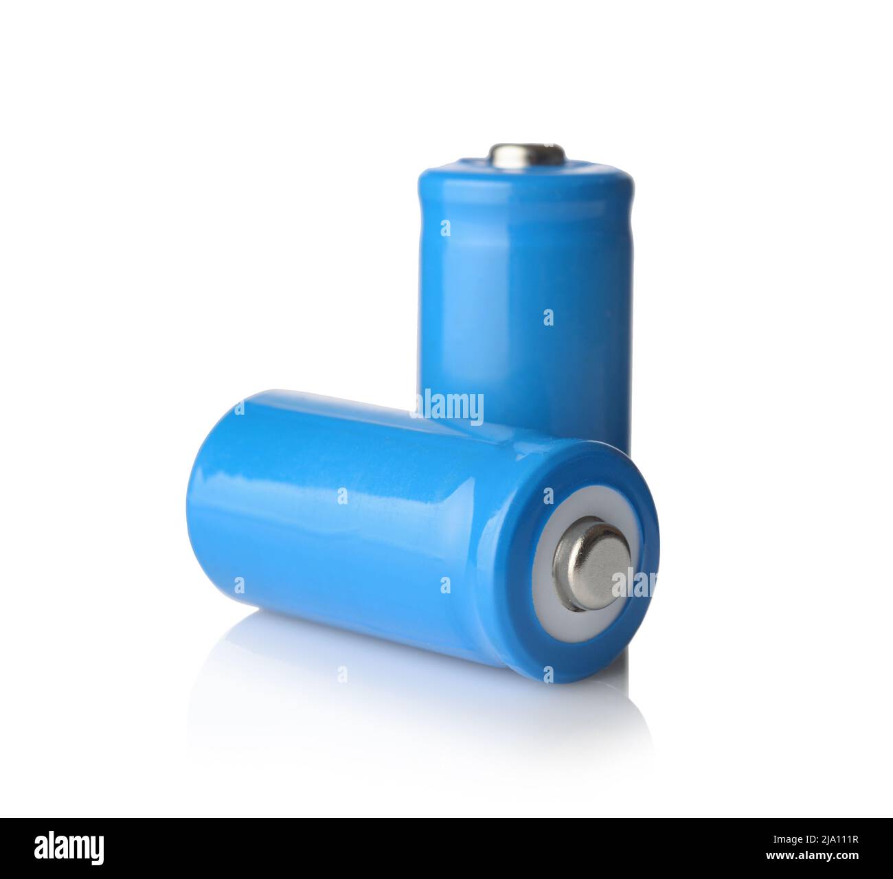 Two blue small electric batteries isolated on white Stock Photo - Alamy