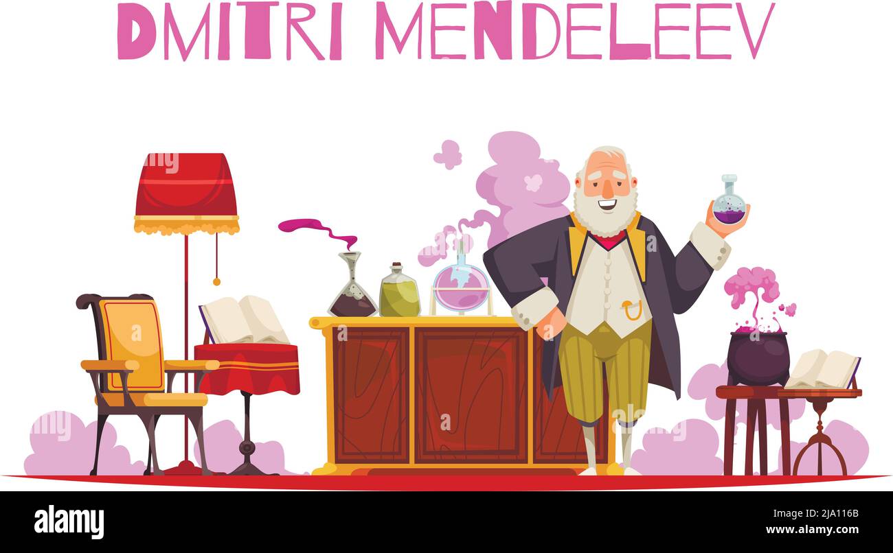 Mendeleev composition with editable text and view of vintage room ...